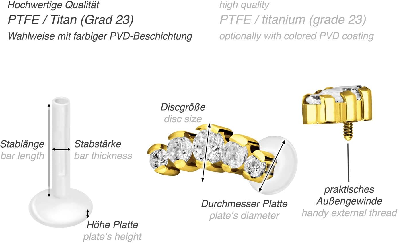 PTFE Labret mit Innengewinde + Titan-Aufsatz 5 EINGEFASSTE KRISTALLE ...